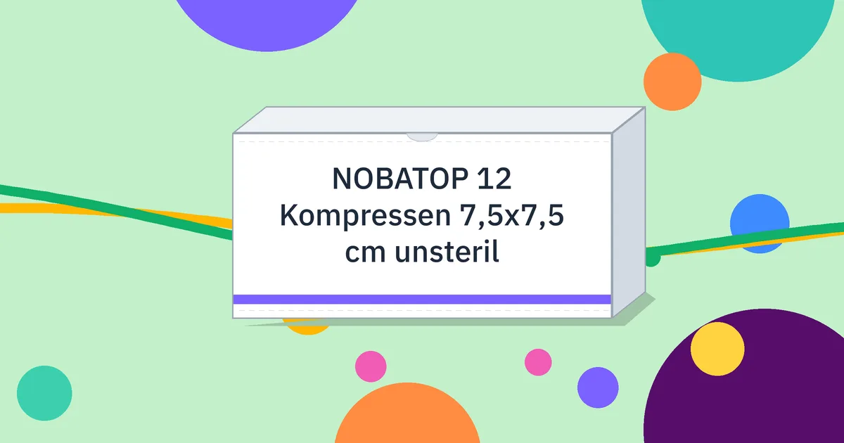 Symbolbild: Packung mit der Aufschrift NOBATOP 12 Kompressen 7,5x7,5 cm unsteril (PZN 07099266) – Verfügbarkeit und Bezug in Apotheken in Frankfurt am Main