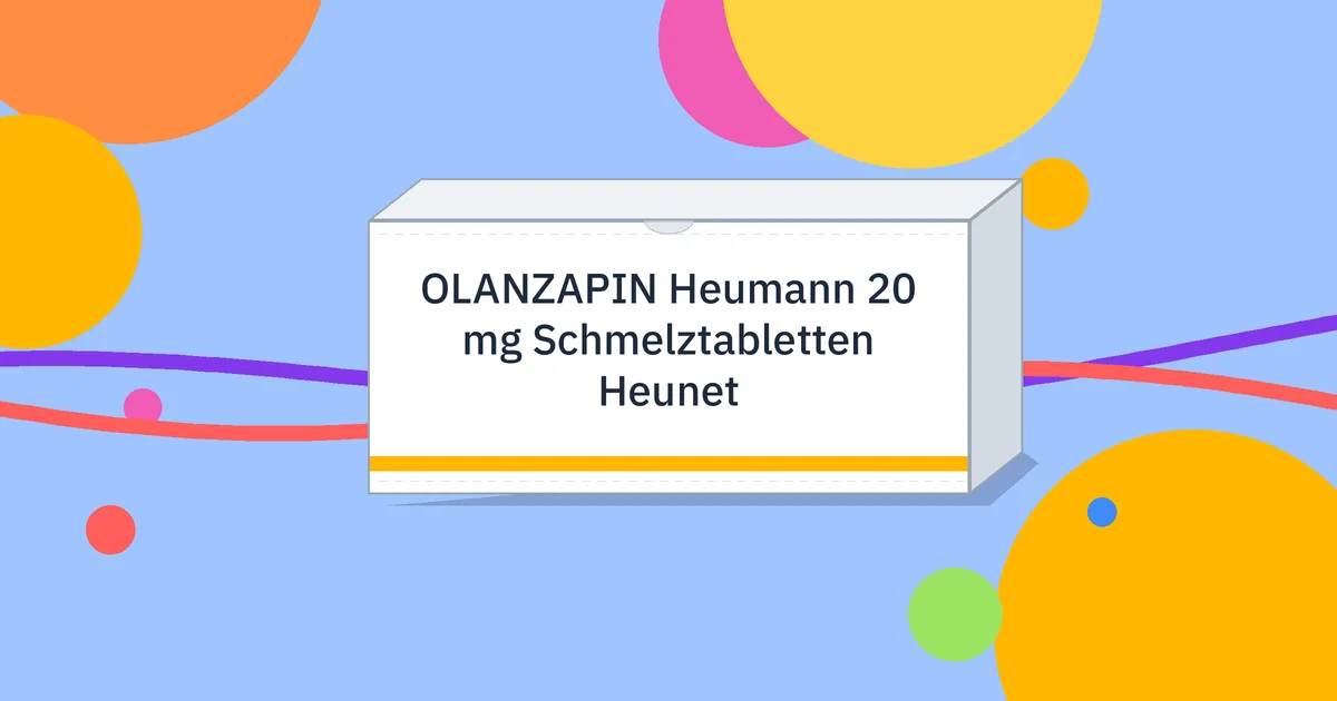 Symbolbild: Packung mit der Aufschrift OLANZAPIN Heumann 20 mg Schmelztabletten Heunet (PZN 09100200) – Verfügbarkeit und Bezug in Apotheken in Frankfurt am Main