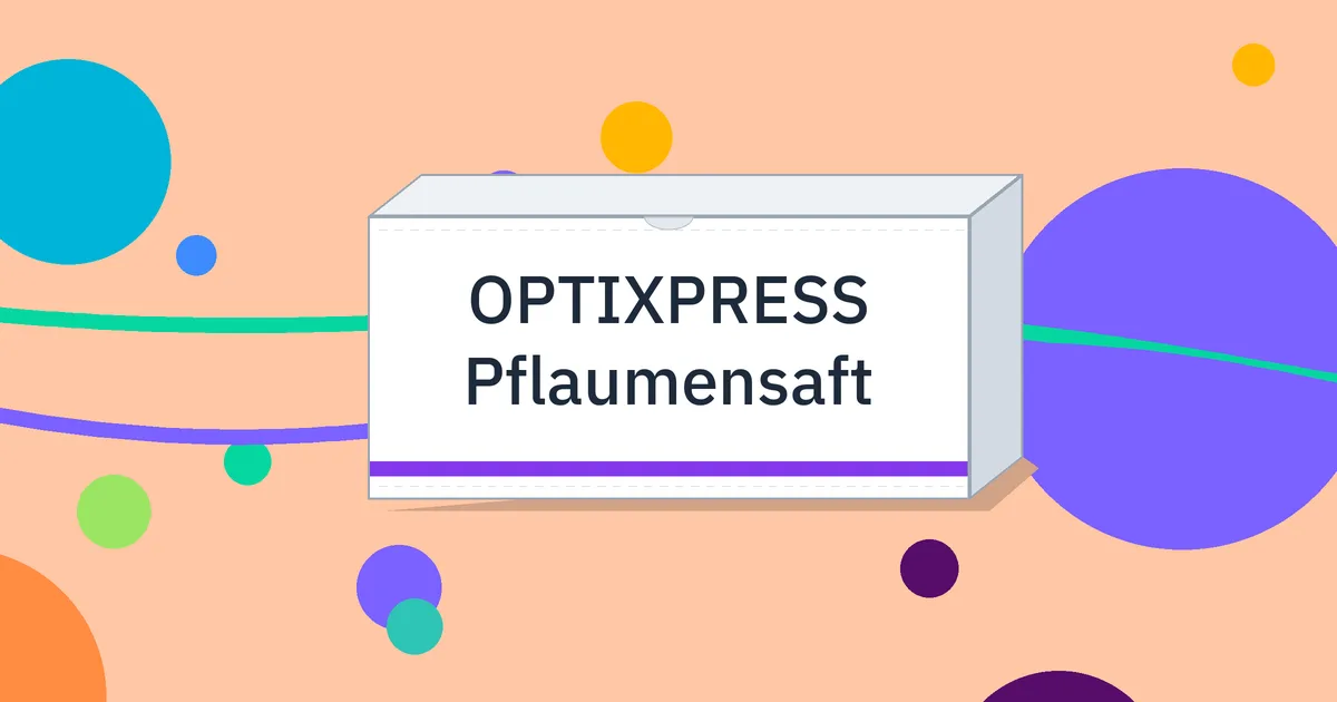 Symbolbild: Packung mit der Aufschrift OPTIXPRESS Pflaumensaft (PZN 19493198) – Verfügbarkeit und Bezug in Apotheken in Frankfurt am Main