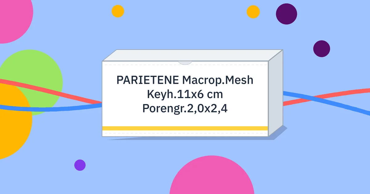 Symbolbild: Packung mit der Aufschrift PARIETENE Macrop.Mesh Keyh.11x6 cm Porengr.2,0x2,4 (PZN 11314718) – Verfügbarkeit und Bezug in Apotheken in Frankfurt am Main