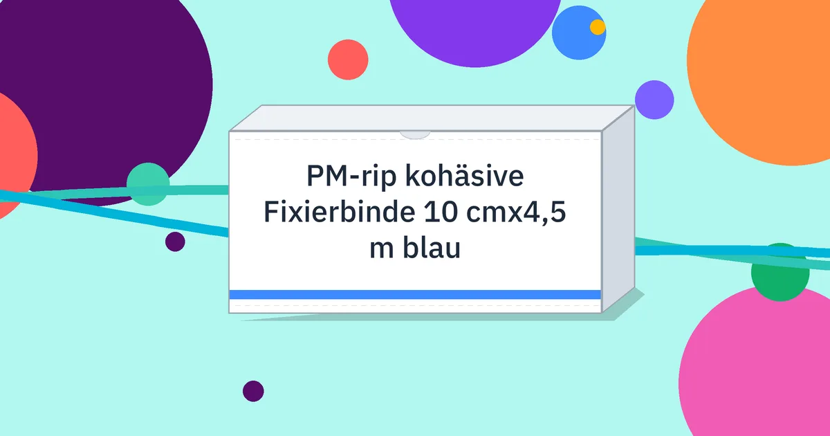 Symbolbild: Packung mit der Aufschrift PM-rip kohäsive Fixierbinde 10 cmx4,5 m blau (PZN 18845318) – Verfügbarkeit und Bezug in Apotheken in Frankfurt am Main