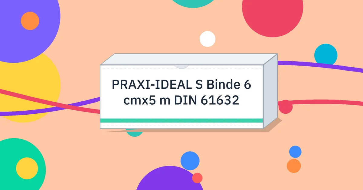 Symbolbild: Packung mit der Aufschrift PRAXI-IDEAL S Binde 6 cmx5 m DIN 61632 (PZN 12826685) – Verfügbarkeit und Bezug in Apotheken in Frankfurt am Main