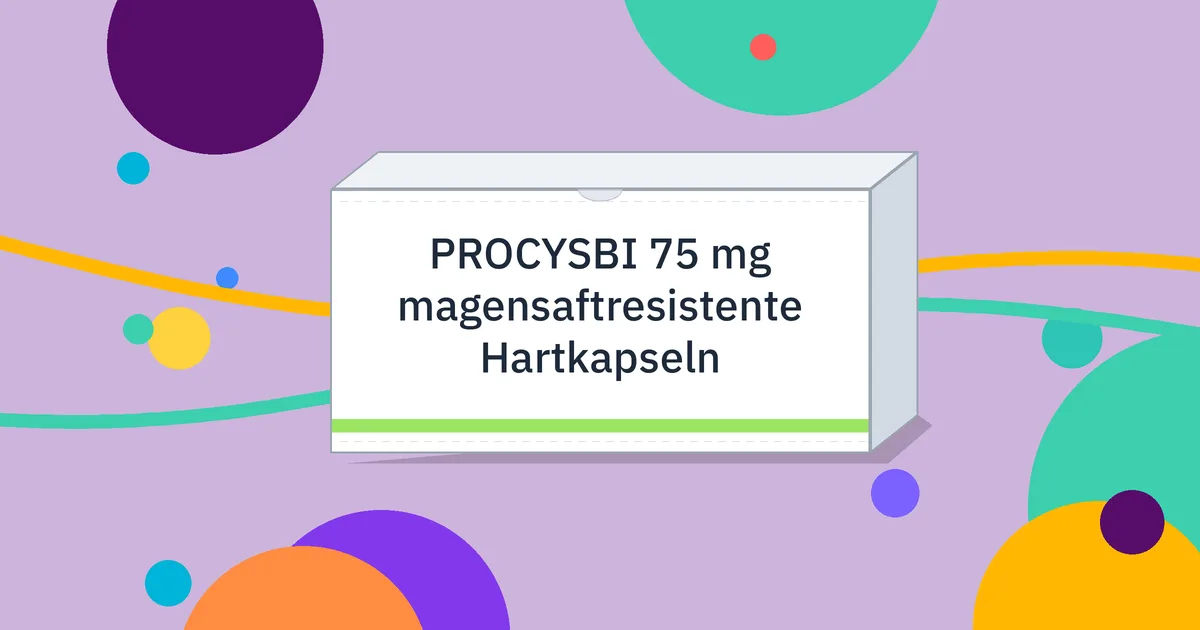 Symbolbild: Packung mit der Aufschrift PROCYSBI 75 mg magensaftresistente Hartkapseln (PZN 20312902) – Verfügbarkeit und Bezug in Apotheken in Frankfurt am Main