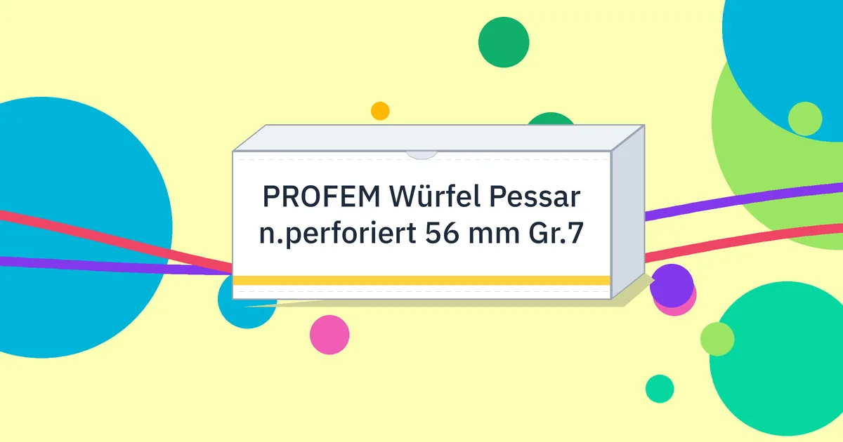 Symbolbild: Packung mit der Aufschrift PROFEM Würfel Pessar n.perforiert 56 mm Gr.7 (PZN 11672926) – Verfügbarkeit und Bezug in Apotheken in Frankfurt am Main
