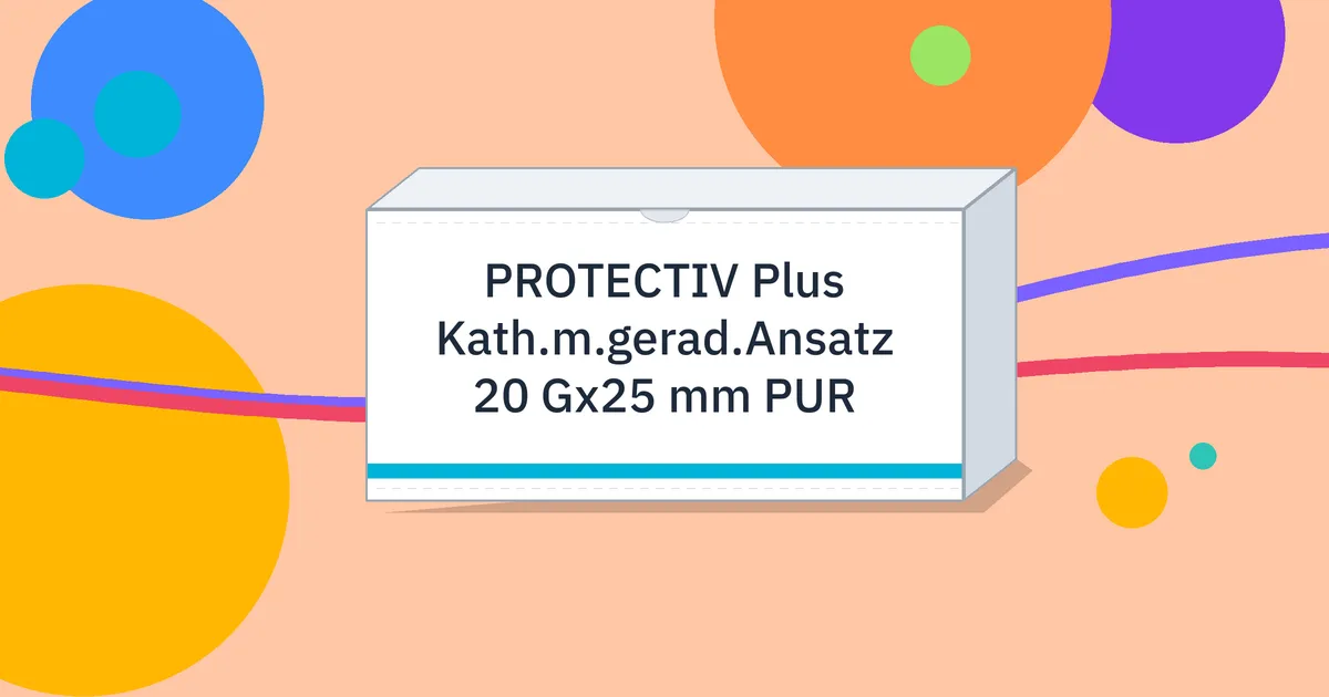 Symbolbild: Packung mit der Aufschrift PROTECTIV Plus Kath.m.gerad.Ansatz 20 Gx25 mm PUR (PZN 08424975) – Verfügbarkeit und Bezug in Apotheken in Frankfurt am Main