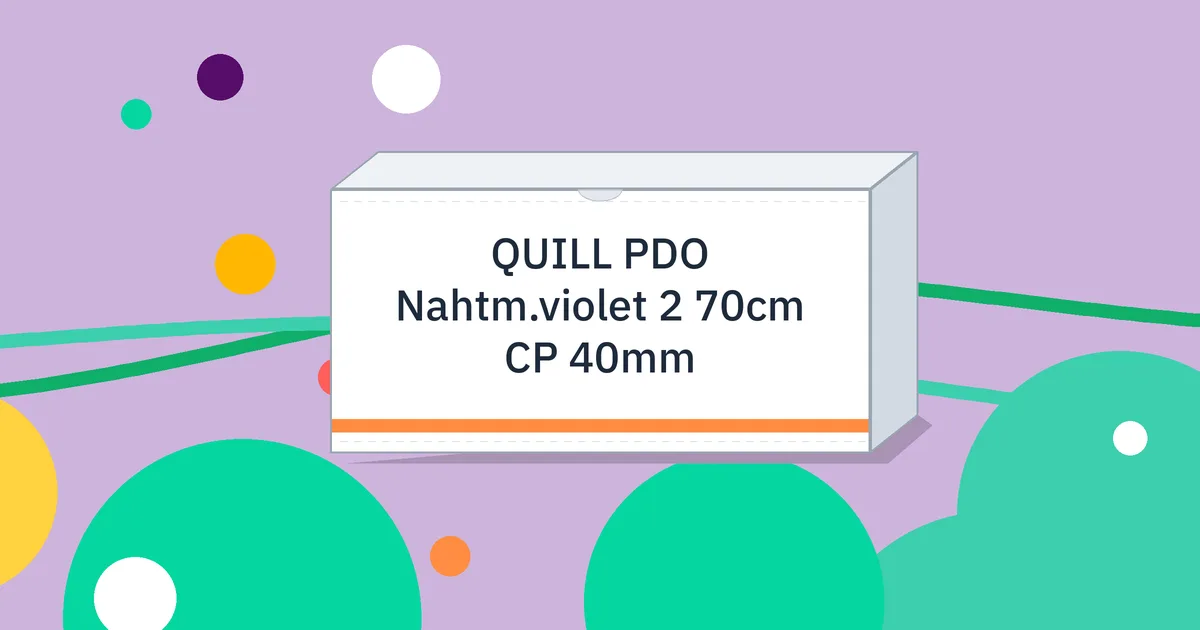 Symbolbild: Packung mit der Aufschrift QUILL PDO Nahtm.violet 2 70cm CP 40mm (PZN 17990159) – Verfügbarkeit und Bezug in Apotheken in Frankfurt am Main