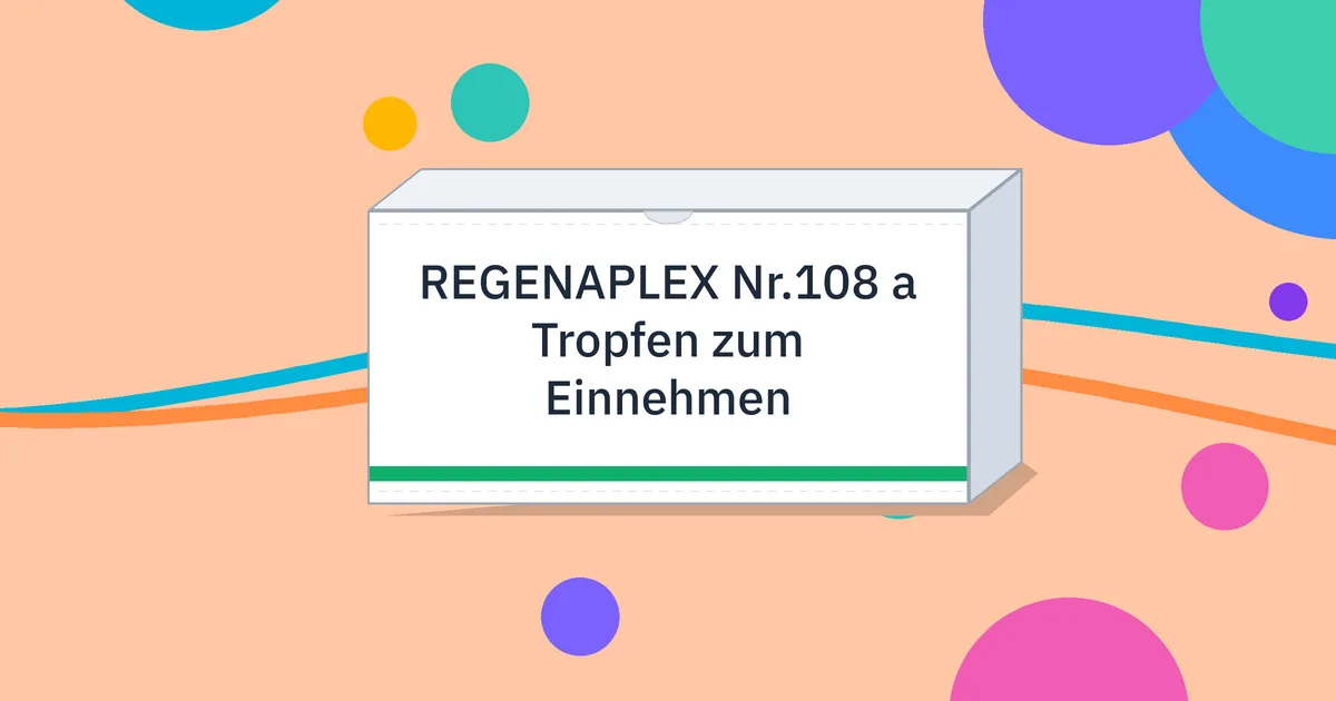 Symbolbild: Packung mit der Aufschrift REGENAPLEX Nr.108 a Tropfen zum Einnehmen (PZN 02643618) – Verfügbarkeit und Bezug in Apotheken in Frankfurt am Main