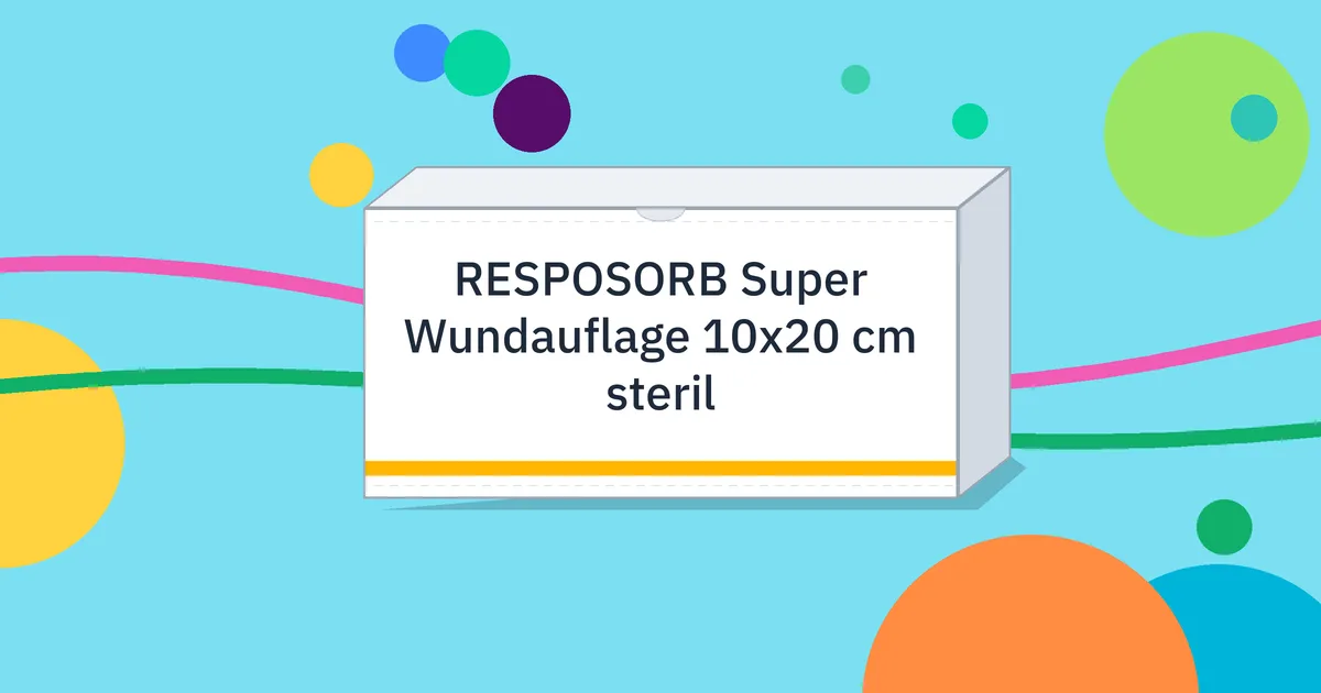 Symbolbild: Packung mit der Aufschrift RESPOSORB Super Wundauflage 10x20 cm steril (PZN 20185303) – Verfügbarkeit und Bezug in Apotheken in Frankfurt am Main
