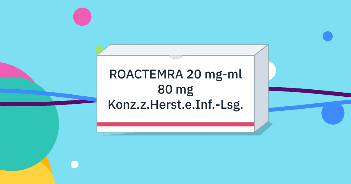 Symbolbild: Packung mit der Aufschrift ROACTEMRA 20 mg-ml 80 mg Konz.z.Herst.e.Inf.-Lsg. (PZN 07286896) – Verfügbarkeit und Bezug in Apotheken in Frankfurt am Main