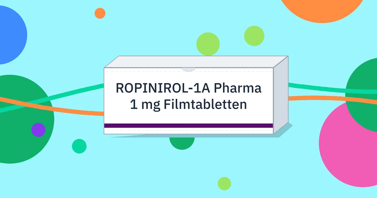 Symbolbild: Packung mit der Aufschrift ROPINIROL-1A Pharma 1 mg Filmtabletten (PZN 05460261) – Verfügbarkeit und Bezug in Apotheken in Frankfurt am Main