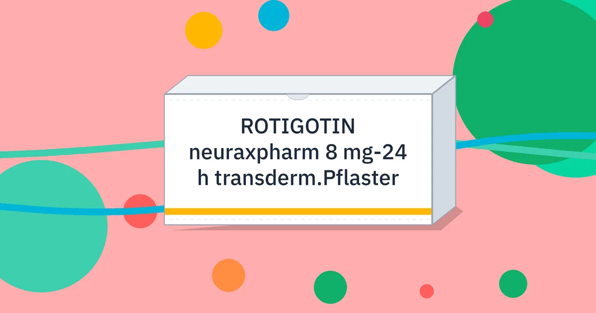 Symbolbild: Packung mit der Aufschrift ROTIGOTIN neuraxpharm 8 mg-24 h transderm.Pflaster (PZN 18369912) – Verfügbarkeit und Bezug in Apotheken in Frankfurt am Main