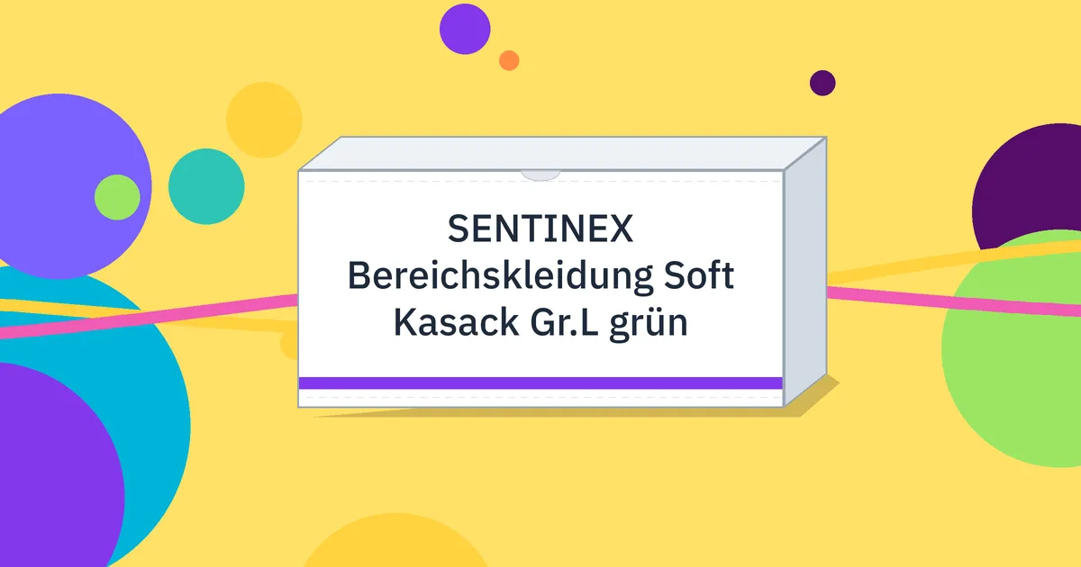 Symbolbild: Packung mit der Aufschrift SENTINEX Bereichskleidung Soft Kasack Gr.L grün (PZN 09737647) – Verfügbarkeit und Bezug in Apotheken in Frankfurt am Main