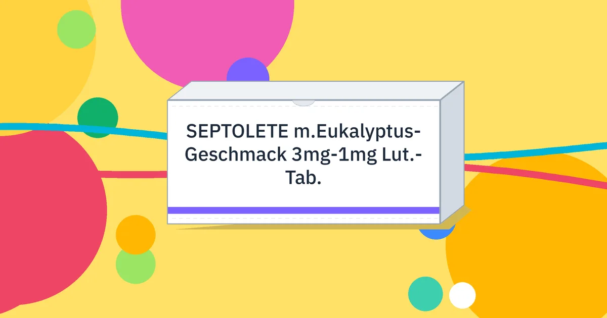 Symbolbild: Packung mit der Aufschrift SEPTOLETE m.Eukalyptus-Geschmack 3mg-1mg Lut.-Tab. (PZN 16885242) – Verfügbarkeit und Bezug in Apotheken in Frankfurt am Main