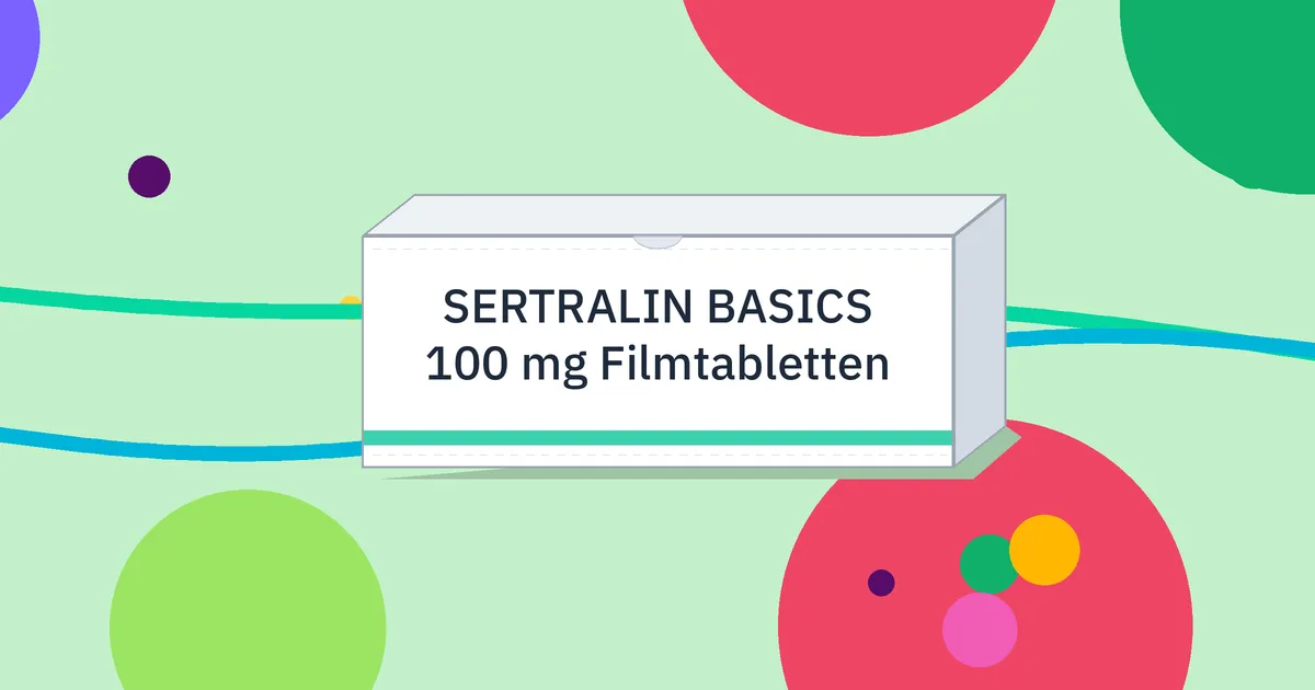 Symbolbild: Packung mit der Aufschrift SERTRALIN BASICS 100 mg Filmtabletten (PZN 00610856) – Verfügbarkeit und Bezug in Apotheken in Frankfurt am Main
