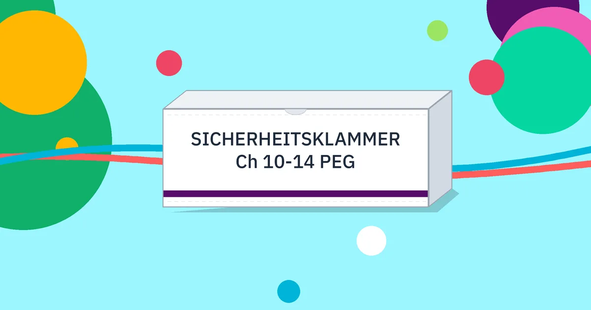 Symbolbild: Packung mit der Aufschrift SICHERHEITSKLAMMER Ch 10-14 PEG (PZN 09101659) – Verfügbarkeit und Bezug in Apotheken in Frankfurt am Main