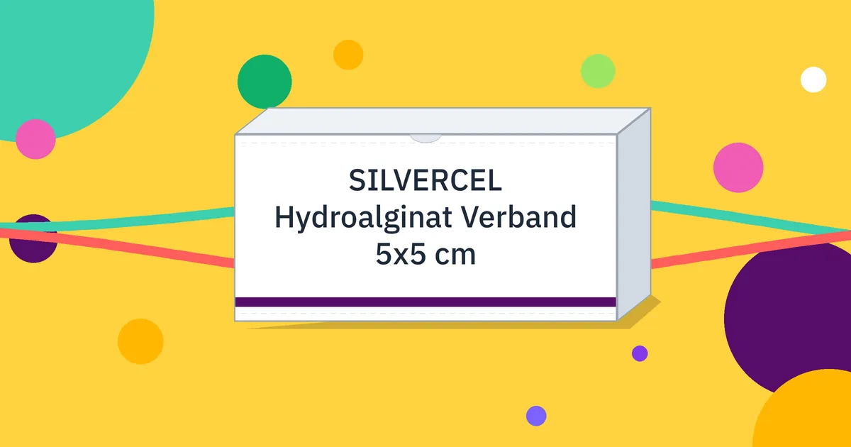 Symbolbild: Packung mit der Aufschrift SILVERCEL Hydroalginat Verband 5x5 cm (PZN 11277851) – Verfügbarkeit und Bezug in Apotheken in Frankfurt am Main