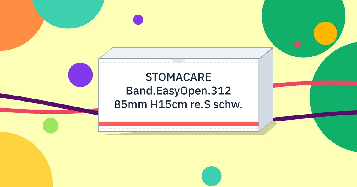Symbolbild: Packung mit der Aufschrift STOMACARE Band.EasyOpen.312 85mm H15cm re.S schw. (PZN 09438063) – Verfügbarkeit und Bezug in Apotheken in Frankfurt am Main