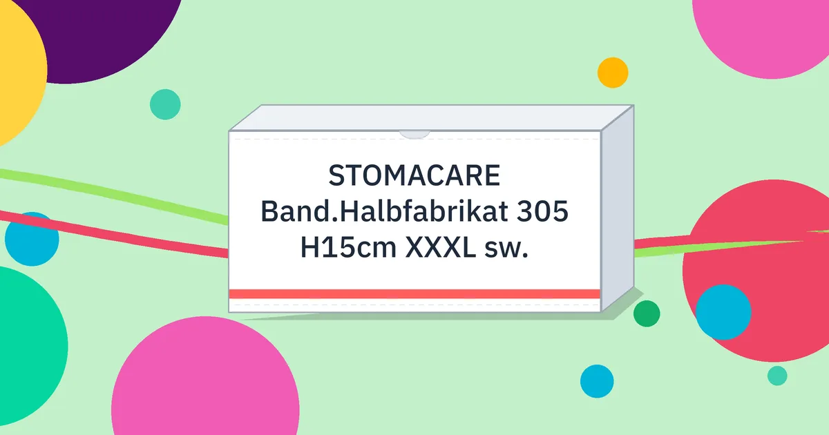 Symbolbild: Packung mit der Aufschrift STOMACARE Band.Halbfabrikat 305 H15cm XXXL sw. (PZN 09436822) – Verfügbarkeit und Bezug in Apotheken in Frankfurt am Main