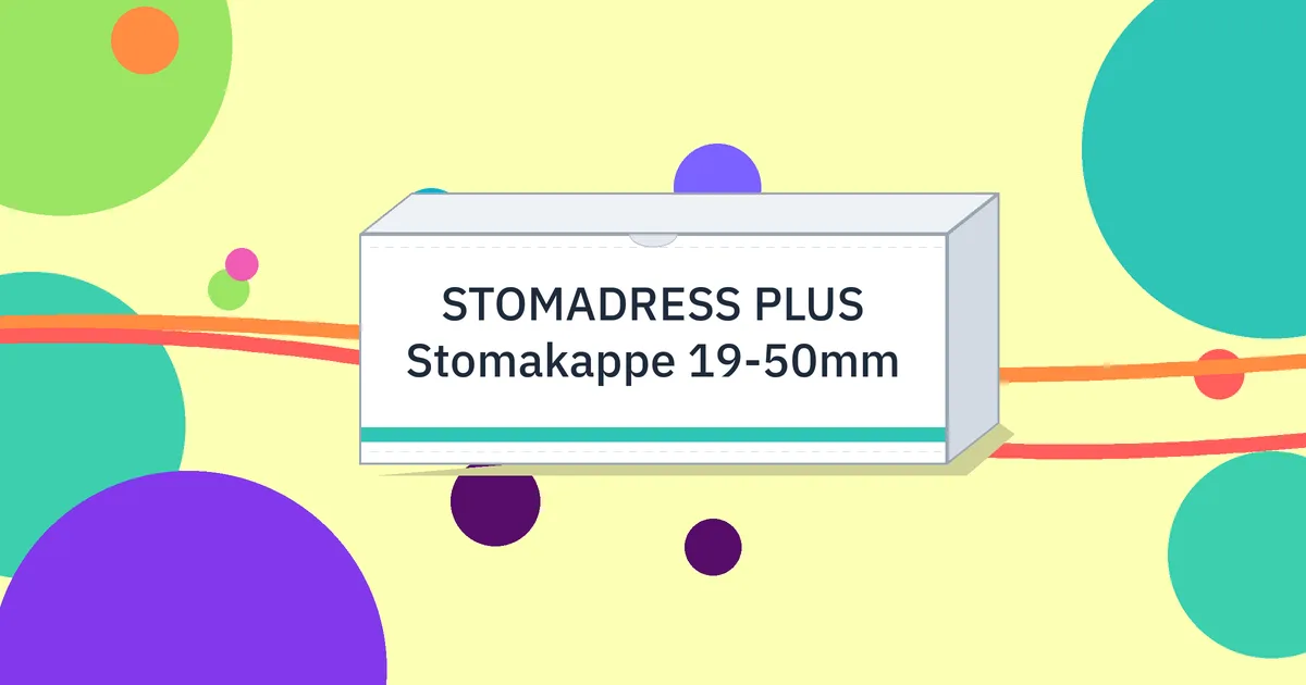 Symbolbild: Packung mit der Aufschrift STOMADRESS PLUS Stomakappe 19-50mm (PZN 04260086) – Verfügbarkeit und Bezug in Apotheken in Frankfurt am Main