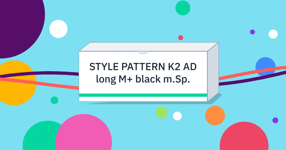 Symbolbild: Packung mit der Aufschrift STYLE PATTERN K2 AD long M+ black m.Sp. (PZN 19695364) – Verfügbarkeit und Bezug in Apotheken in Frankfurt am Main