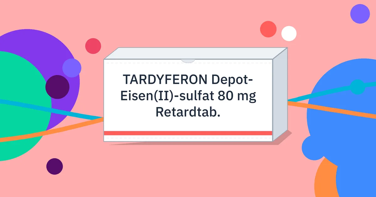 Symbolbild: Packung mit der Aufschrift TARDYFERON Depot-Eisen(II)-sulfat 80 mg Retardtab. (PZN 18752924) – Verfügbarkeit und Bezug in Apotheken in Frankfurt am Main