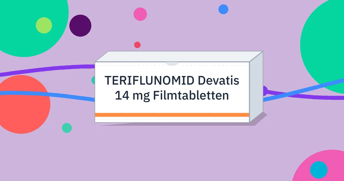 Symbolbild: Packung mit der Aufschrift TERIFLUNOMID Devatis 14 mg Filmtabletten (PZN 19263943) – Verfügbarkeit und Bezug in Apotheken in Frankfurt am Main