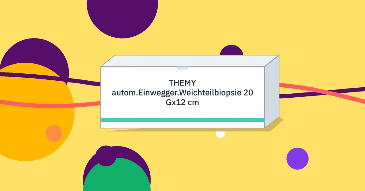 Symbolbild: Packung mit der Aufschrift THEMY autom.Einwegger.Weichteilbiopsie 20 Gx12 cm (PZN 19737513) – Verfügbarkeit und Bezug in Apotheken in Frankfurt am Main