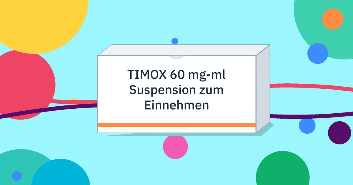 Symbolbild: Packung mit der Aufschrift TIMOX 60 mg-ml Suspension zum Einnehmen (PZN 02038834) – Verfügbarkeit und Bezug in Apotheken in Frankfurt am Main