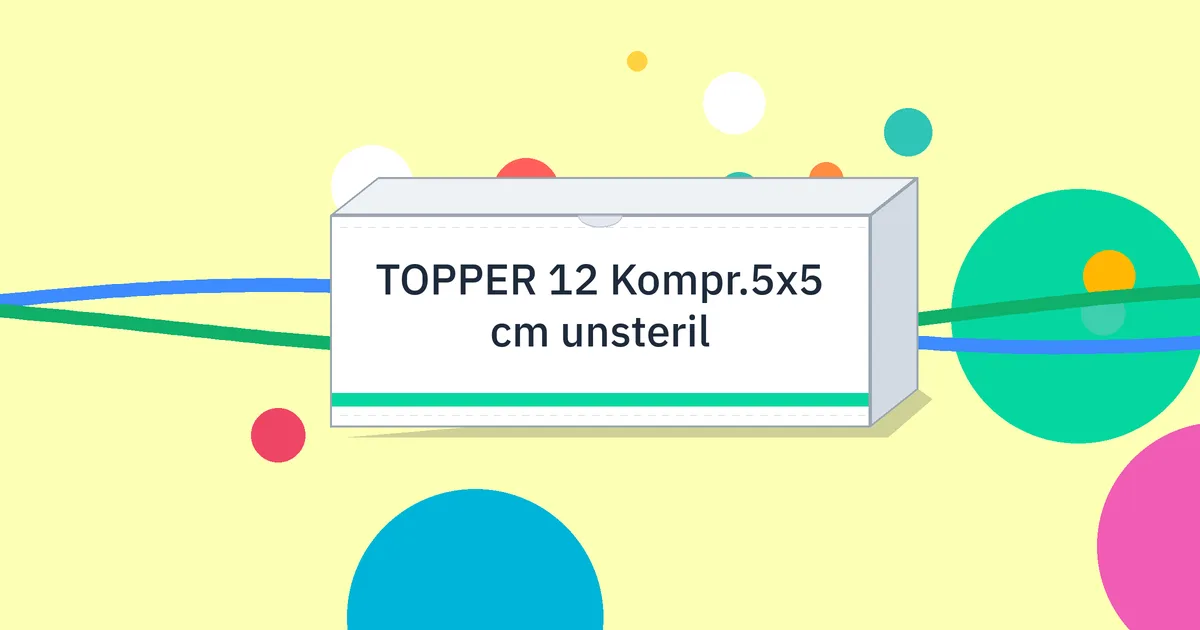 Symbolbild: Packung mit der Aufschrift TOPPER 12 Kompr.5x5 cm unsteril (PZN 03307213) – Verfügbarkeit und Bezug in Apotheken in Frankfurt am Main