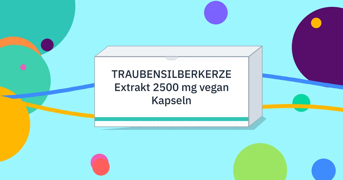 Symbolbild: Packung mit der Aufschrift TRAUBENSILBERKERZE Extrakt 2500 mg vegan Kapseln (PZN 18211105) – Verfügbarkeit und Bezug in Apotheken in Frankfurt am Main