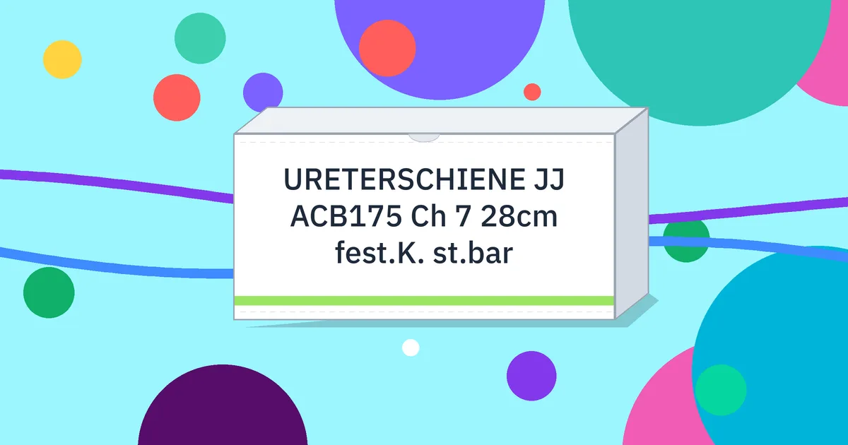 Symbolbild: Packung mit der Aufschrift URETERSCHIENE JJ ACB175 Ch 7 28cm fest.K. st.bar (PZN 00752303) – Verfügbarkeit und Bezug in Apotheken in Frankfurt am Main