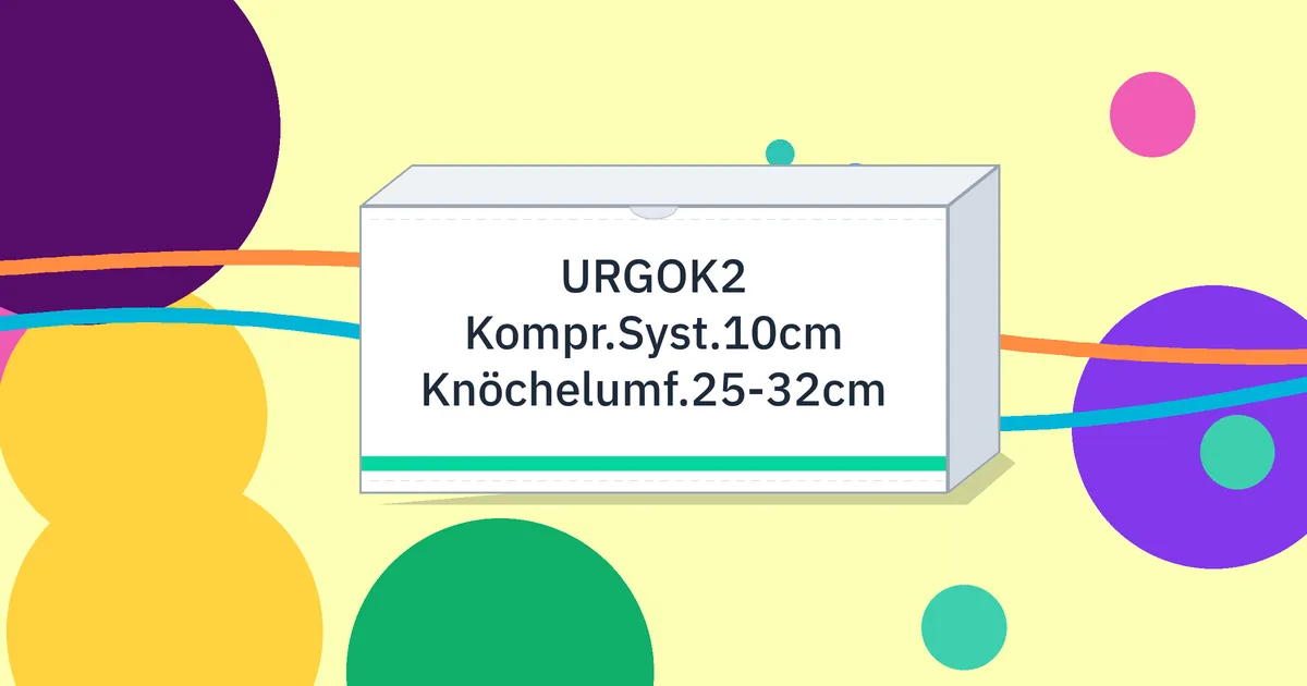 Symbolbild: Packung mit der Aufschrift URGOK2 Kompr.Syst.10cm Knöchelumf.25-32cm (PZN 20608123) – Verfügbarkeit und Bezug in Apotheken in Frankfurt am Main
