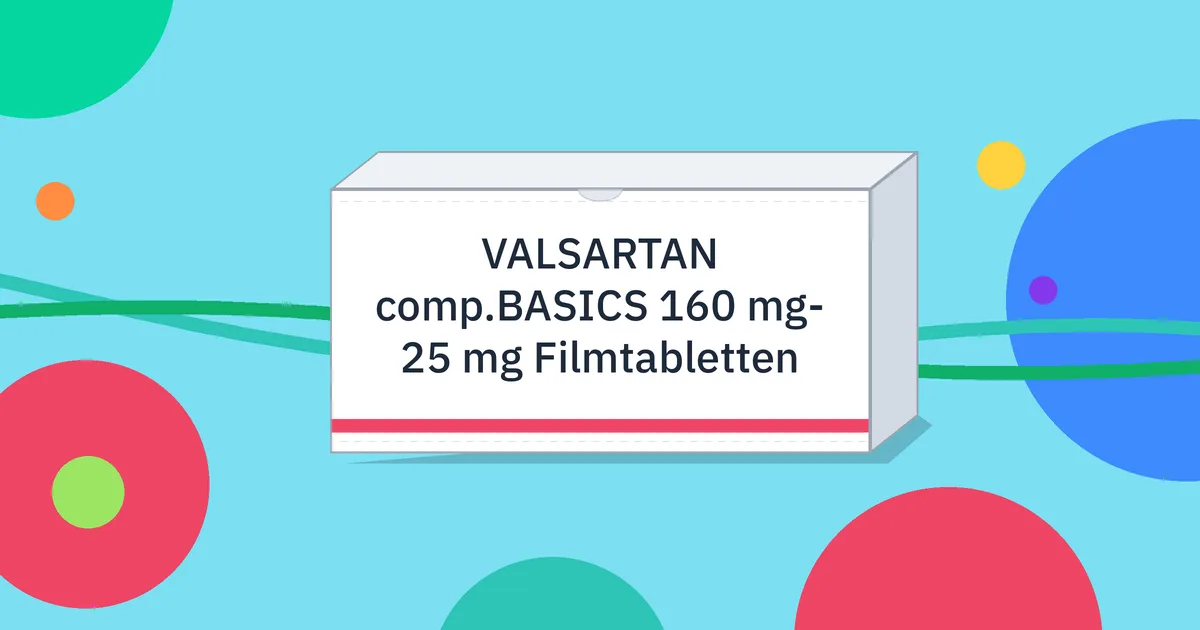 Symbolbild: Packung mit der Aufschrift VALSARTAN comp.BASICS 160 mg-25 mg Filmtabletten (PZN 08472075) – Verfügbarkeit und Bezug in Apotheken in Frankfurt am Main
