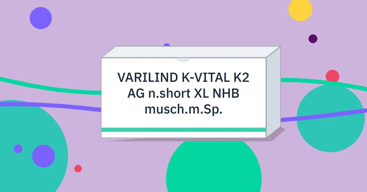 Symbolbild: Packung mit der Aufschrift VARILIND K-VITAL K2 AG n.short XL NHB musch.m.Sp. (PZN 20565425) – Verfügbarkeit und Bezug in Apotheken in Frankfurt am Main