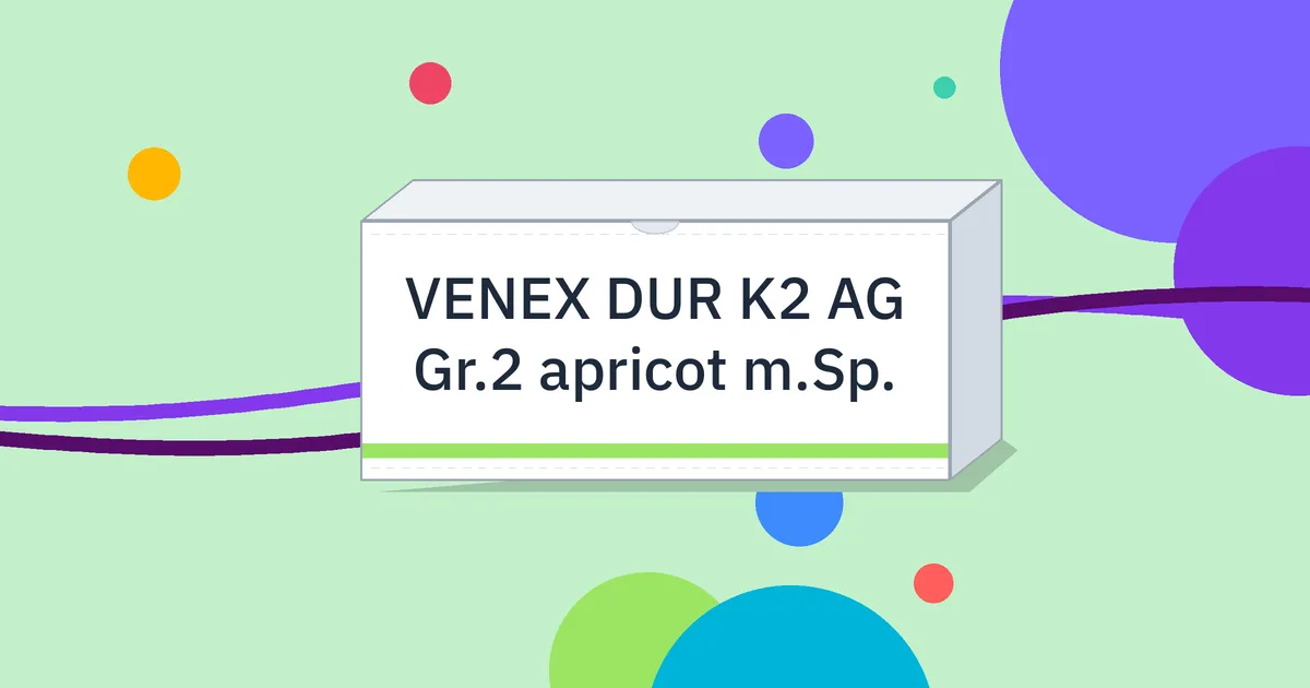 Symbolbild: Packung mit der Aufschrift VENEX DUR K2 AG Gr.2 apricot m.Sp. (PZN 03213699) – Verfügbarkeit und Bezug in Apotheken in Frankfurt am Main
