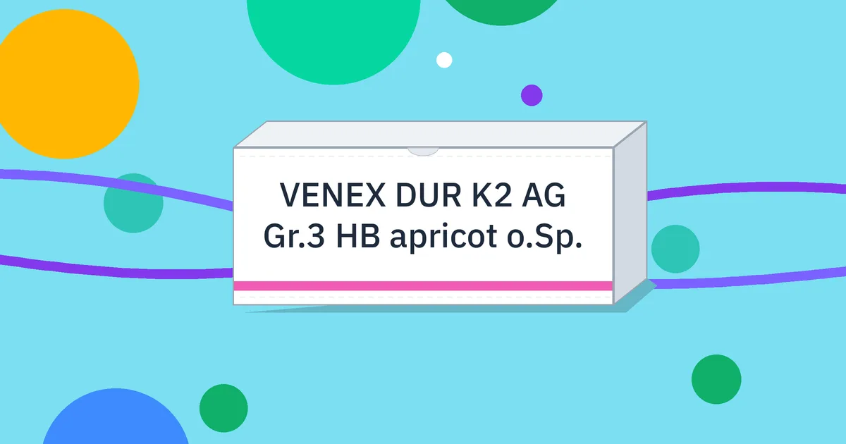 Symbolbild: Packung mit der Aufschrift VENEX DUR K2 AG Gr.3 HB apricot o.Sp. (PZN 03220713) – Verfügbarkeit und Bezug in Apotheken in Frankfurt am Main