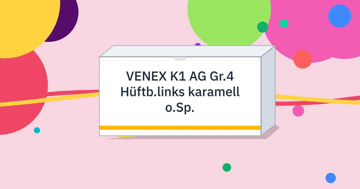 Symbolbild: Packung mit der Aufschrift VENEX K1 AG Gr.4 Hüftb.links karamell o.Sp. (PZN 13761083) – Verfügbarkeit und Bezug in Apotheken in Frankfurt am Main