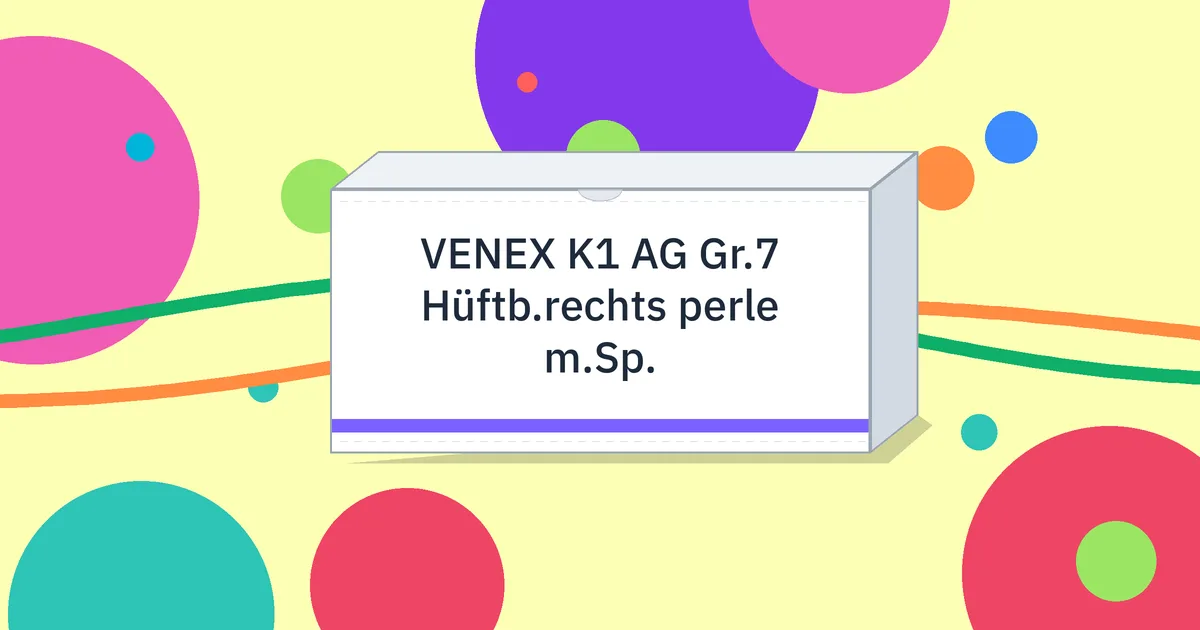 Symbolbild: Packung mit der Aufschrift VENEX K1 AG Gr.7 Hüftb.rechts perle m.Sp. (PZN 03202520) – Verfügbarkeit und Bezug in Apotheken in Frankfurt am Main