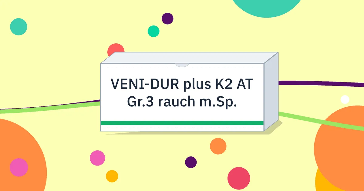 Symbolbild: Packung mit der Aufschrift VENI-DUR plus K2 AT Gr.3 rauch m.Sp. (PZN 03255077) – Verfügbarkeit und Bezug in Apotheken in Frankfurt am Main