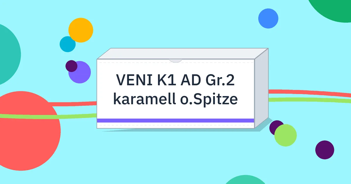 Symbolbild: Packung mit der Aufschrift VENI K1 AD Gr.2 karamell o.Spitze (PZN 13756107) – Verfügbarkeit und Bezug in Apotheken in Frankfurt am Main