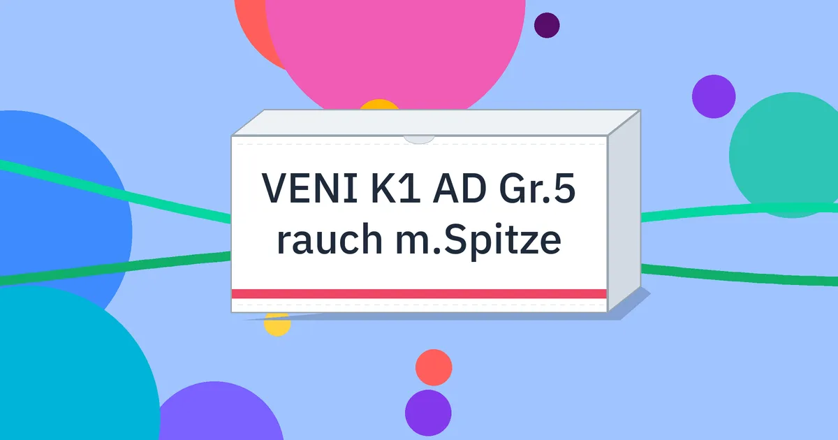 Symbolbild: Packung mit der Aufschrift VENI K1 AD Gr.5 rauch m.Spitze (PZN 08673299) – Verfügbarkeit und Bezug in Apotheken in Frankfurt am Main