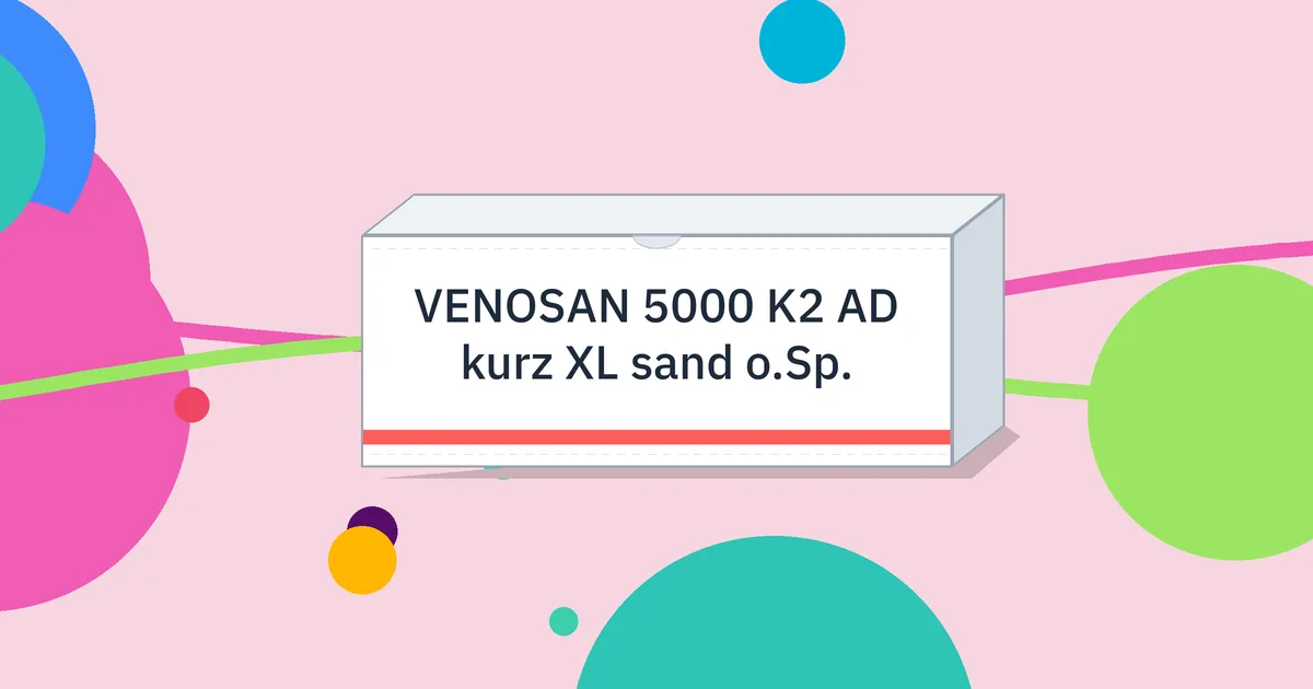 Symbolbild: Packung mit der Aufschrift VENOSAN 5000 K2 AD kurz XL sand o.Sp. (PZN 14428629) – Verfügbarkeit und Bezug in Apotheken in Frankfurt am Main