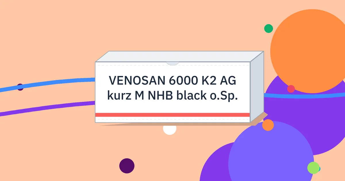 Symbolbild: Packung mit der Aufschrift VENOSAN 6000 K2 AG kurz M NHB black o.Sp. (PZN 17172946) – Verfügbarkeit und Bezug in Apotheken in Frankfurt am Main
