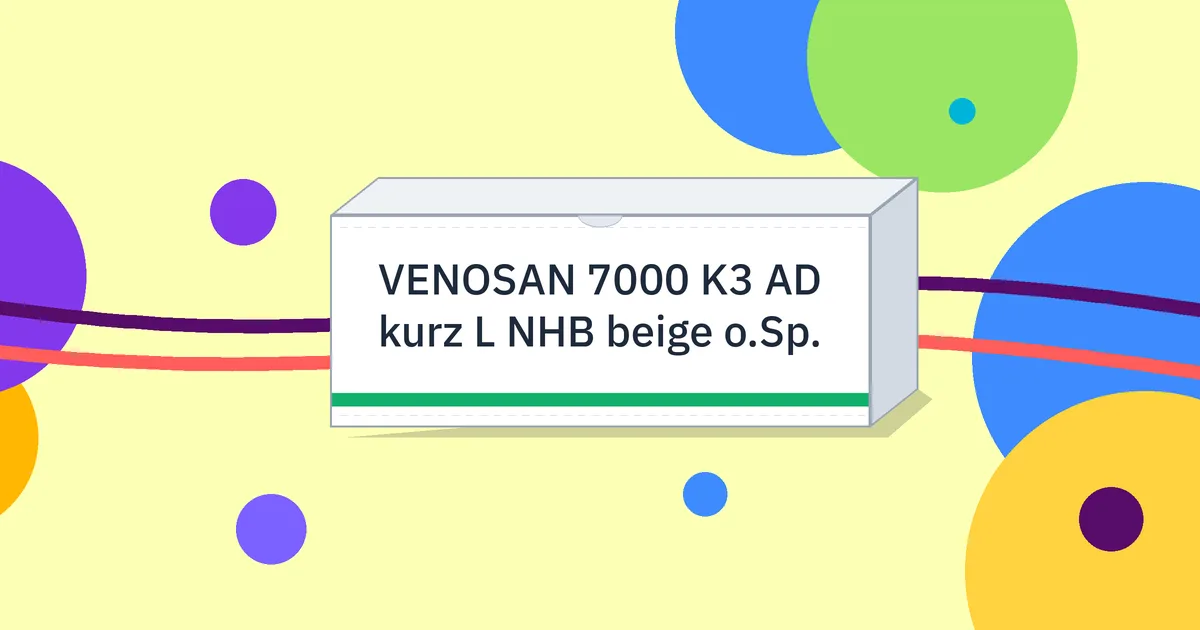 Symbolbild: Packung mit der Aufschrift VENOSAN 7000 K3 AD kurz L NHB beige o.Sp. (PZN 14435233) – Verfügbarkeit und Bezug in Apotheken in Frankfurt am Main