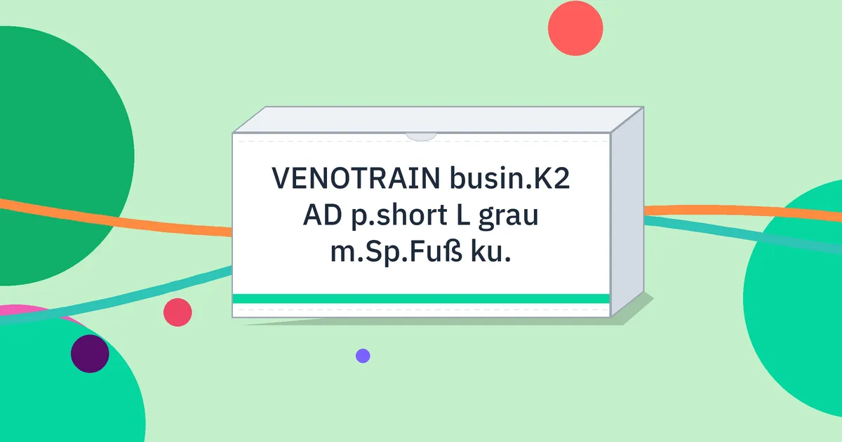 Symbolbild: Packung mit der Aufschrift VENOTRAIN busin.K2 AD p.short L grau m.Sp.Fuß ku. (PZN 19057652) – Verfügbarkeit und Bezug in Apotheken in Frankfurt am Main