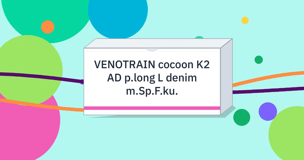 Symbolbild: Packung mit der Aufschrift VENOTRAIN cocoon K2 AD p.long L denim m.Sp.F.ku. (PZN 19199056) – Verfügbarkeit und Bezug in Apotheken in Frankfurt am Main