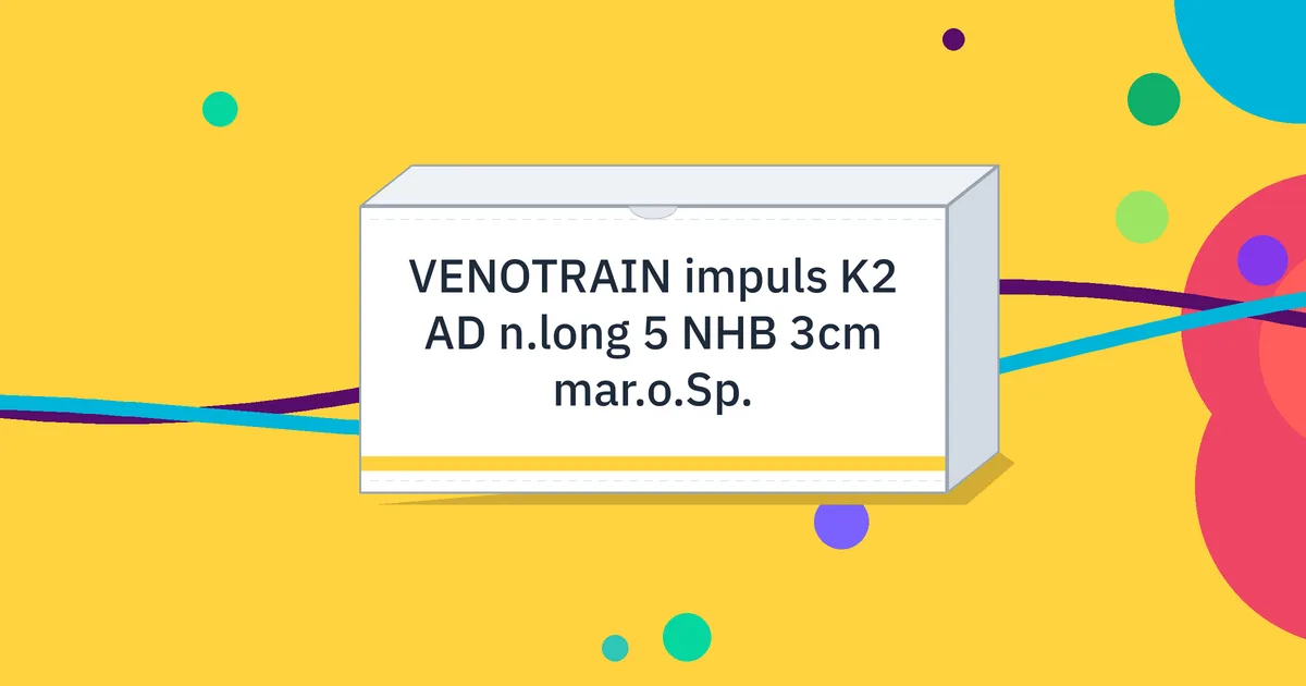 Symbolbild: Packung mit der Aufschrift VENOTRAIN impuls K2 AD n.long 5 NHB 3cm mar.o.Sp. (PZN 15223823) – Verfügbarkeit und Bezug in Apotheken in Frankfurt am Main