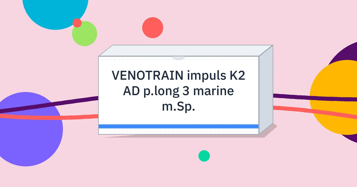Symbolbild: Packung mit der Aufschrift VENOTRAIN impuls K2 AD p.long 3 marine m.Sp. (PZN 15221273) – Verfügbarkeit und Bezug in Apotheken in Frankfurt am Main