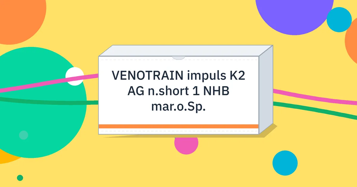 Symbolbild: Packung mit der Aufschrift VENOTRAIN impuls K2 AG n.short 1 NHB mar.o.Sp. (PZN 15214296) – Verfügbarkeit und Bezug in Apotheken in Frankfurt am Main