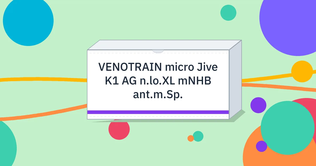 Symbolbild: Packung mit der Aufschrift VENOTRAIN micro Jive K1 AG n.lo.XL mNHB ant.m.Sp. (PZN 17761068) – Verfügbarkeit und Bezug in Apotheken in Frankfurt am Main